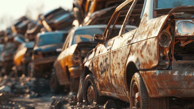 Rusty Wrecked Cars in a Junkyard Stock Illustration - Illustration of ...
