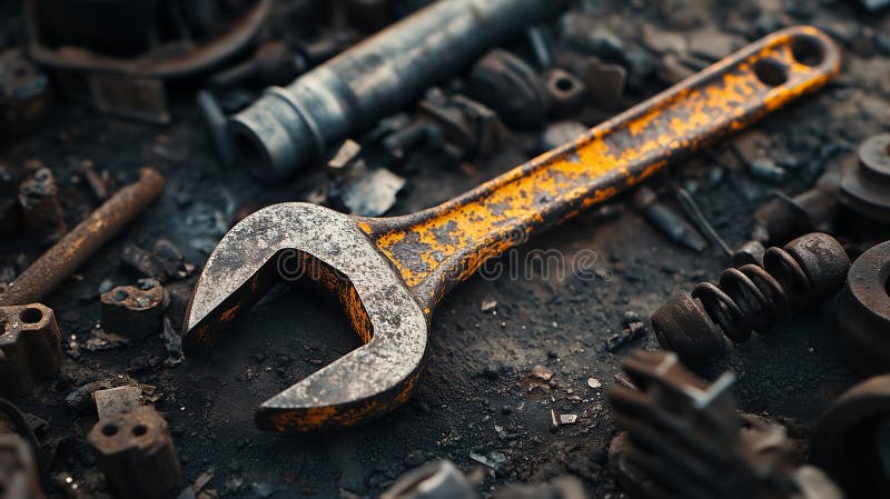 Rusty Wrench Rests Amidst an Array of Old Tools and Mechanical Parts in ...