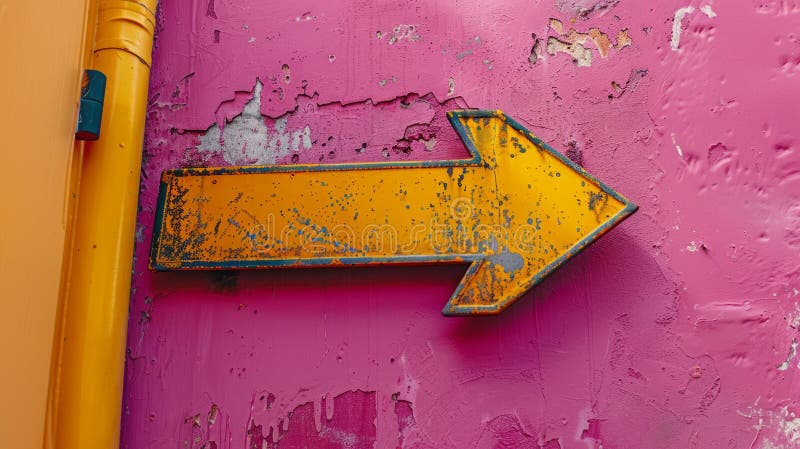 Rusty Yellow Arrow Sign Pointing Right on a Pink Peeling Wall. Stock ...