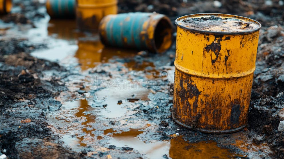 Rusty Yellow Barrel Leaking Liquid in Muddy Ground Stock Illustration ...
