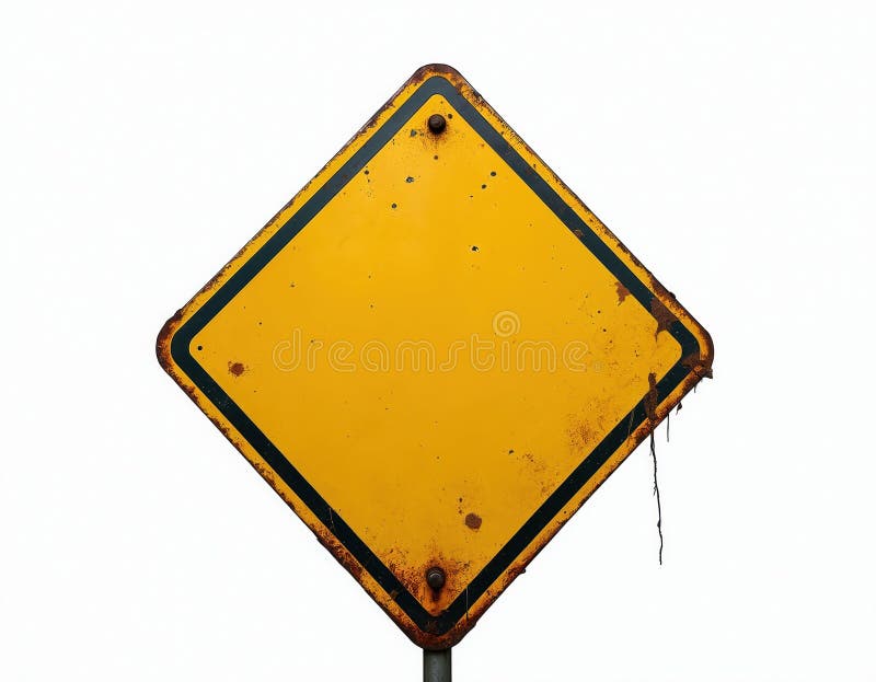 Rusty Yellow Diamond Road Sign Isolated on White Background. Empty ...