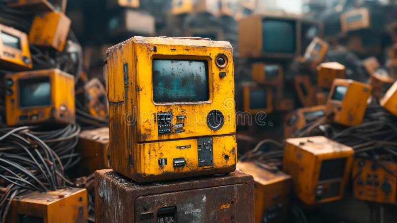 Rusty Yellow Vintage Television in a Cluttered Environment of Discarded ...