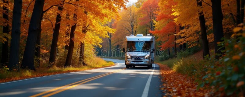 RV Amidst Brilliant Fall Foliage on a Forest Road, Road, Serene ...