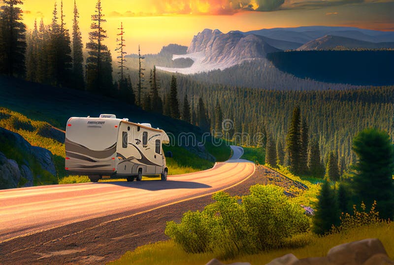 RV Camper Driving Down the Mountain Road - Gerative AI Stock Image ...