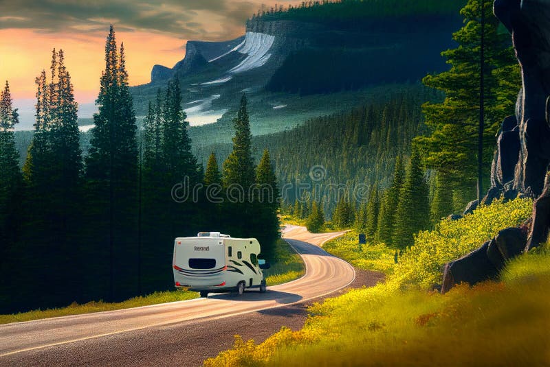 Truck Camper Driving Down the Mountain Road - Generative AI Stock ...
