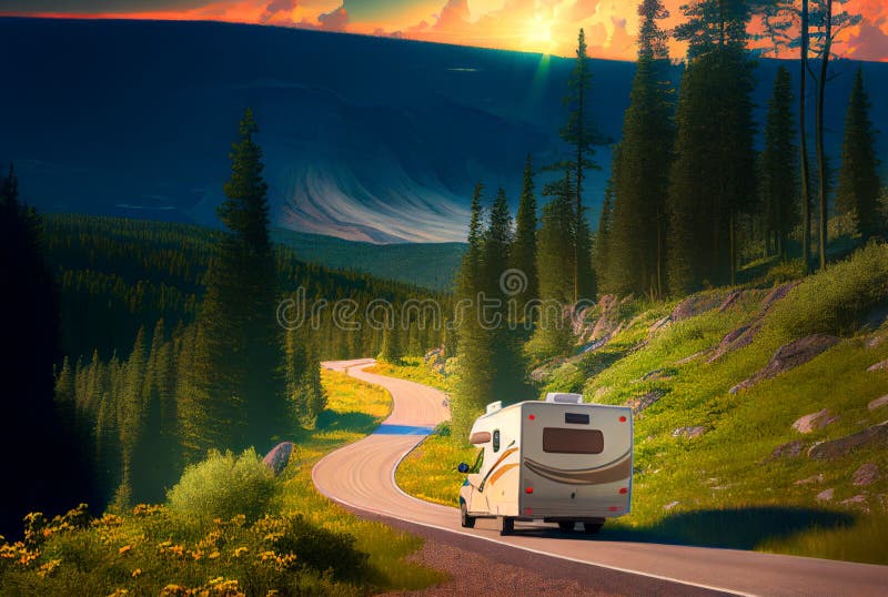 Camper Van Driving on a Road through the Mountains Stock Illustration ...