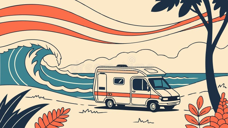 RV Camper Van, Large Ocean Wave, Sunset, Dynamic Coastal Journey ...