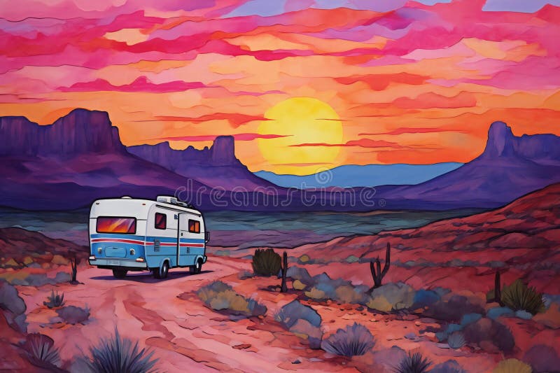 RV Camping on the Arizona Desert at Sunset, Illustration Stock ...