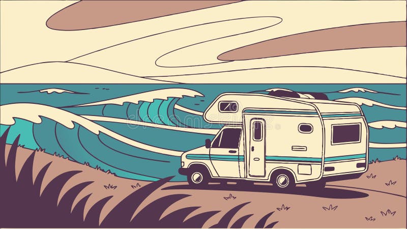 RV on Coastal Road, Ocean Waves and Distant Mountains, Vector Design ...