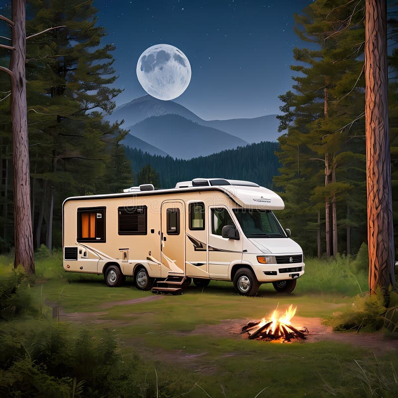 RV Motorhome Camping at Night in the Woods Stock Illustration ...