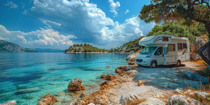 RV Parked on Beach Shore stock photo. Image of trailer - 311829092