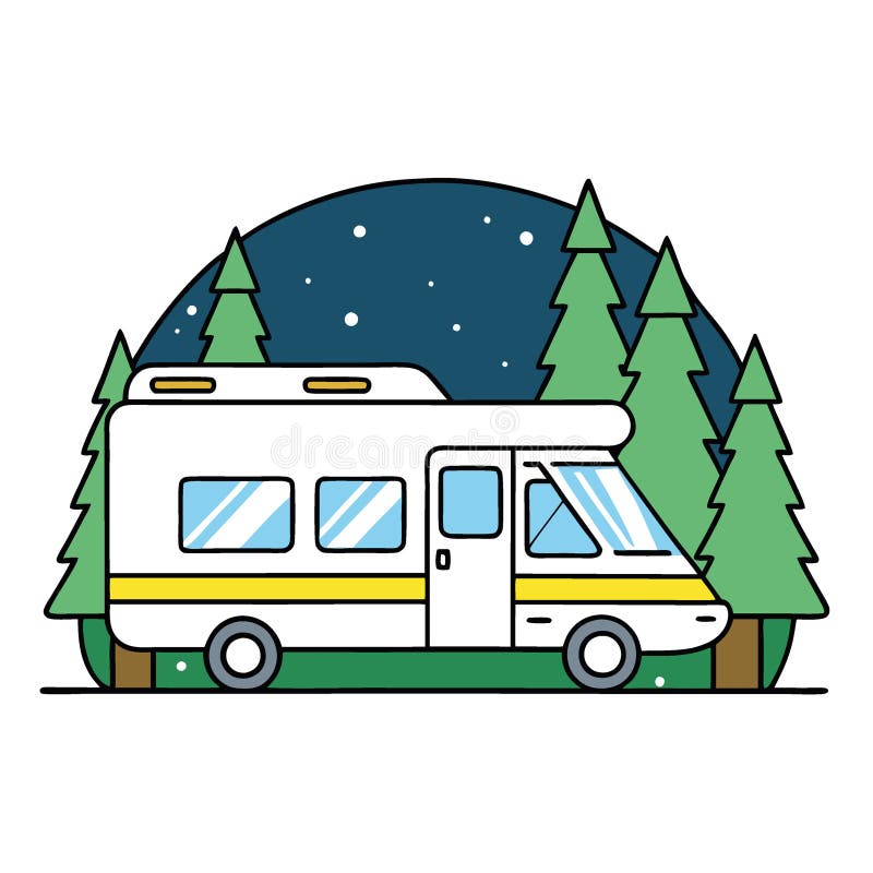 RV Parked in the Woods at Night with Lights on and Forest Background ...