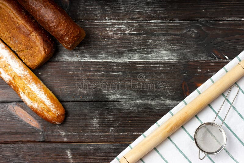Rye Bread, Baguette Top View. Work Table in the Bakery. Rustic Bread ...