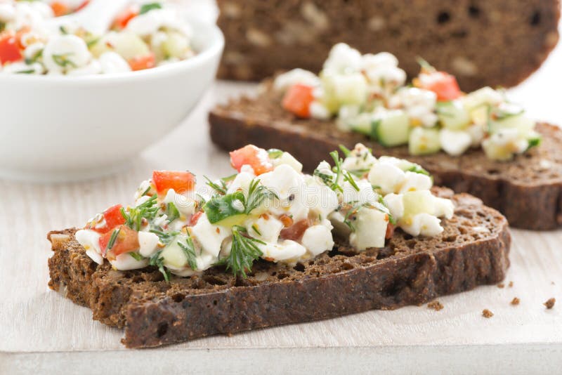 Rye Bread with Cheese and Vegetables, Close-up Stock Photo - Image of ...