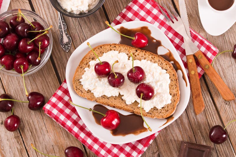 Rye Bread with Cottage Cheese and Cherries. Stock Photo - Image of ...