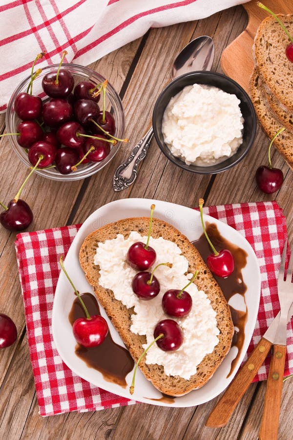 Rye Bread with Cottage Cheese and Cherries. Stock Photo - Image of meal ...