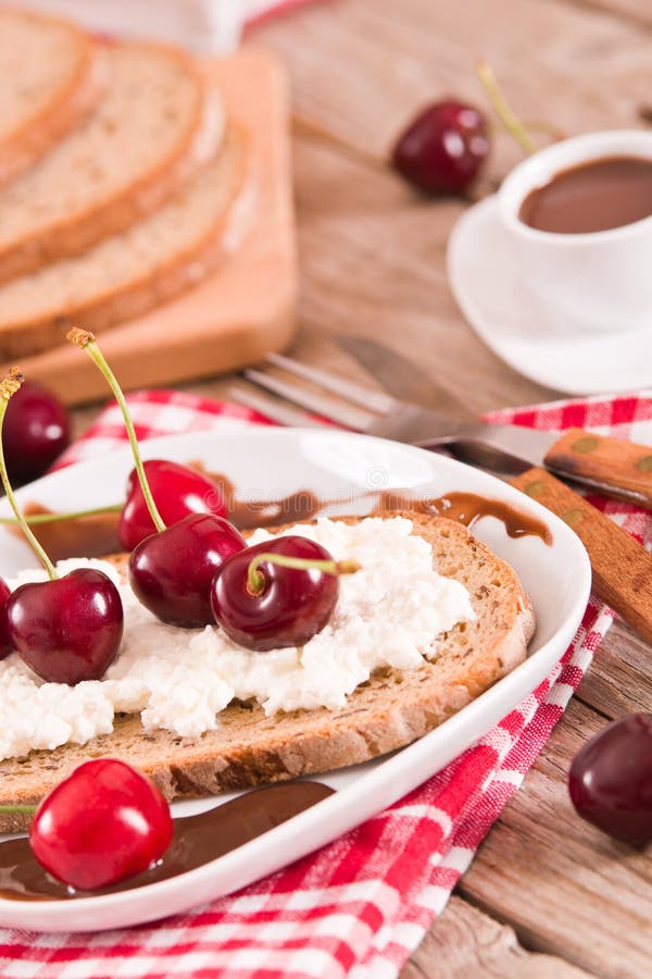 Rye Bread with Cottage Cheese and Cherries. Stock Photo - Image of ...