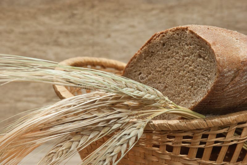 Rye Bread and Ears of Corn in Basket Stock Photo - Image of organic ...
