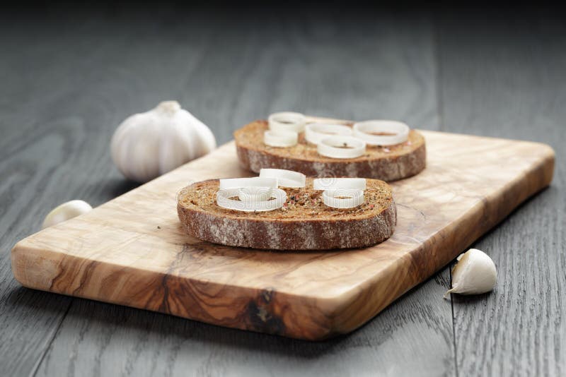 Rye Bread Grated with Garlic with Leek, Crostini Stock Photo - Image of ...
