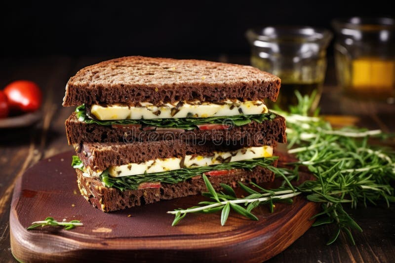 Rye Bread Sandwich with Savory Herbs on a Rustic Table Stock ...