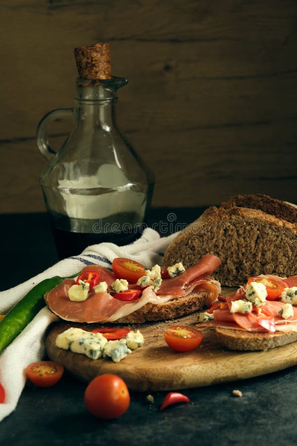 Rye Bread with Slices of Jamon and Cheese Stock Photo - Image of ...