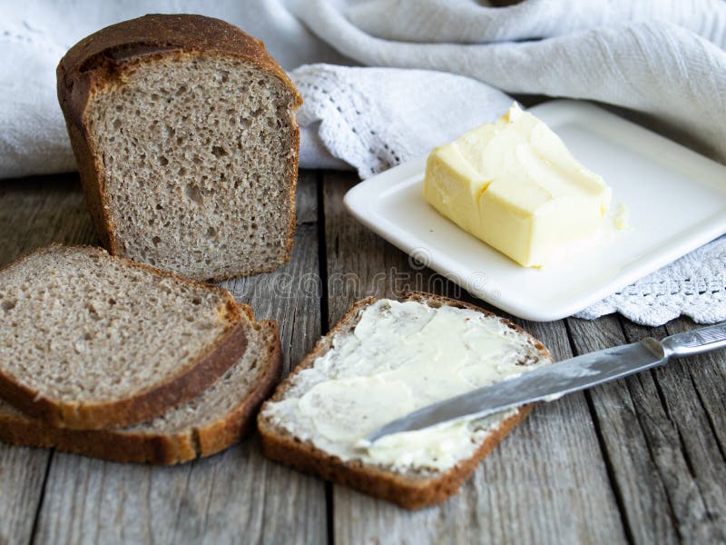 Rye Bread and Some Butter To Spread on the Slices. Close Up Stock Image ...