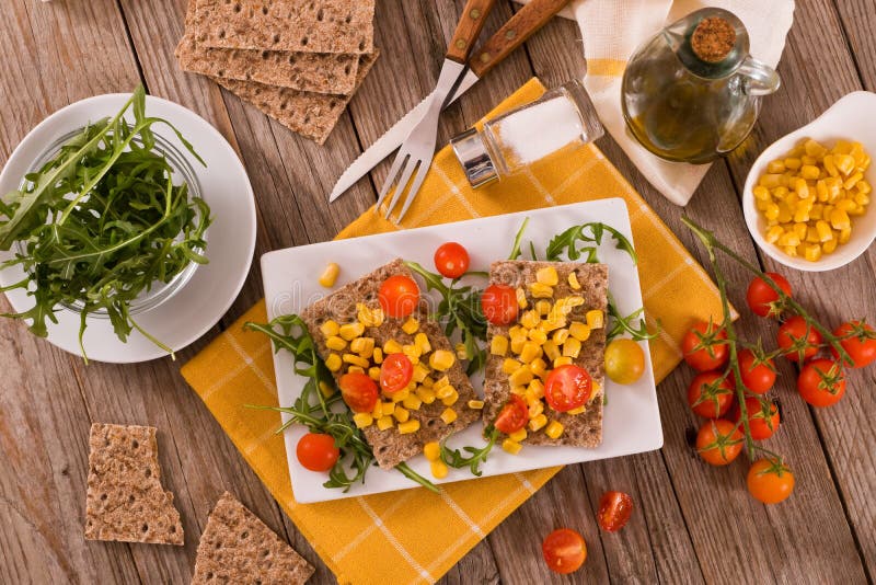 Rye Bread with Sweet Corn, Basil and Tomato. Stock Image - Image of ...