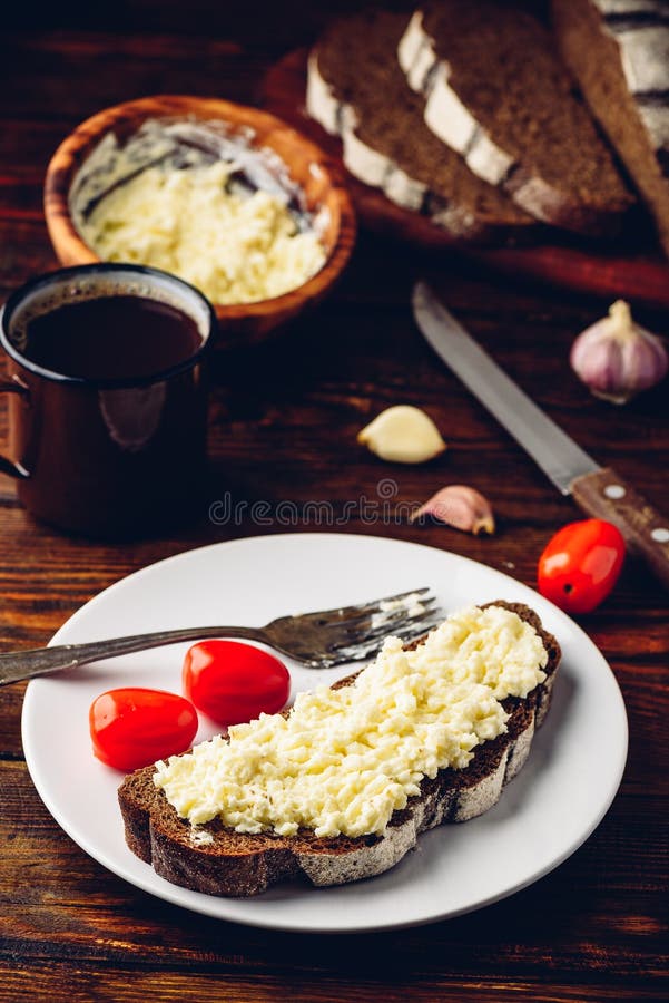 Rye Bread Toast with Processed Cheese and Garlic Stock Photo - Image of ...