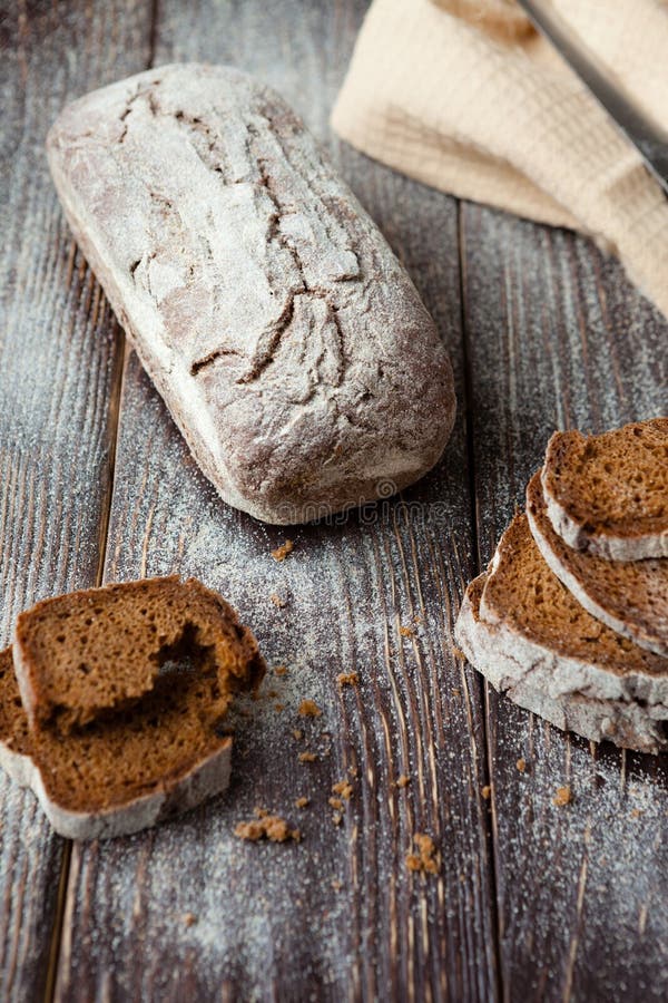 Rye Bread on a Wooden Table, Top View Stock Photo - Image of objects ...