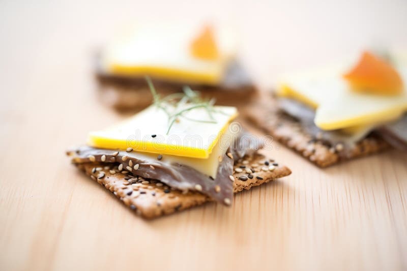 Rye Cracker Sandwich with Swiss Cheese, Close-up Shot Stock ...