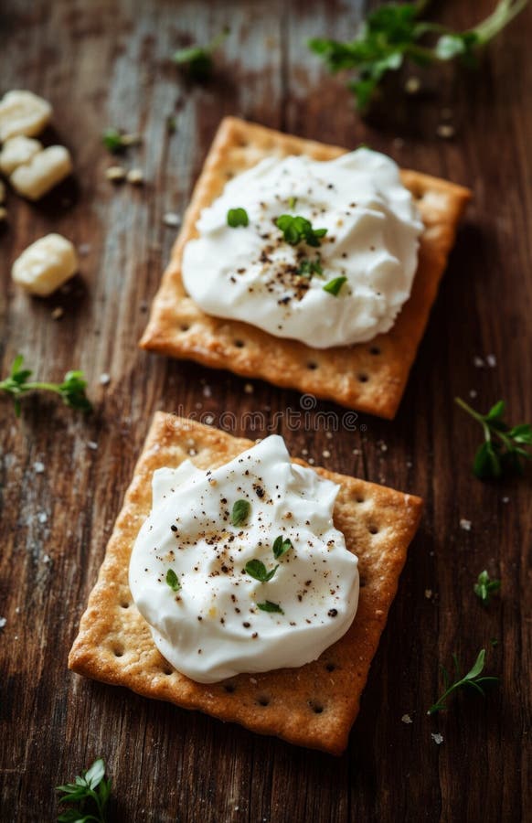 Rye Cracker with Soft Cheese and Sour Cream on Wooden Table Stock Image ...