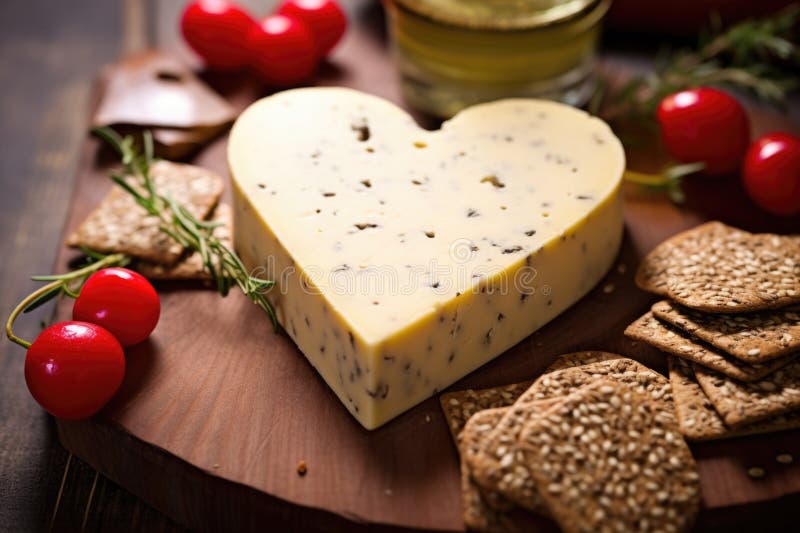 Rye Crackers Surrounding a Heart-shaped Swiss Cheese Stock Photo ...