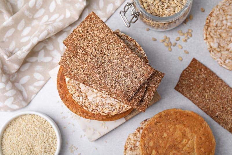 Rye Crispbreads, Rice Cakes and Rusks on Table, Flat Lay Stock Image ...