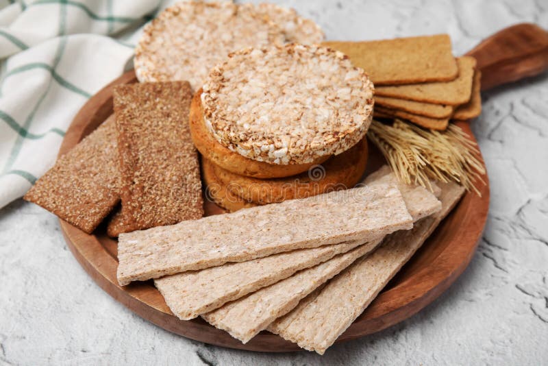 Rye Crispbreads, Rice Cakes and Rusks on White Textured Table Stock ...