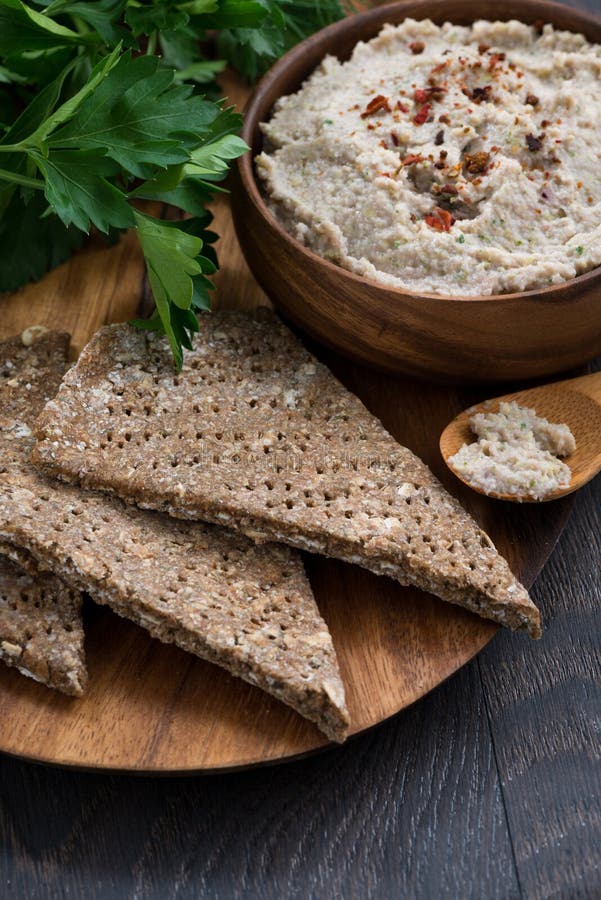 Rye Flat Bread and Vegetable Pate with Spices, Vertical Stock Image ...