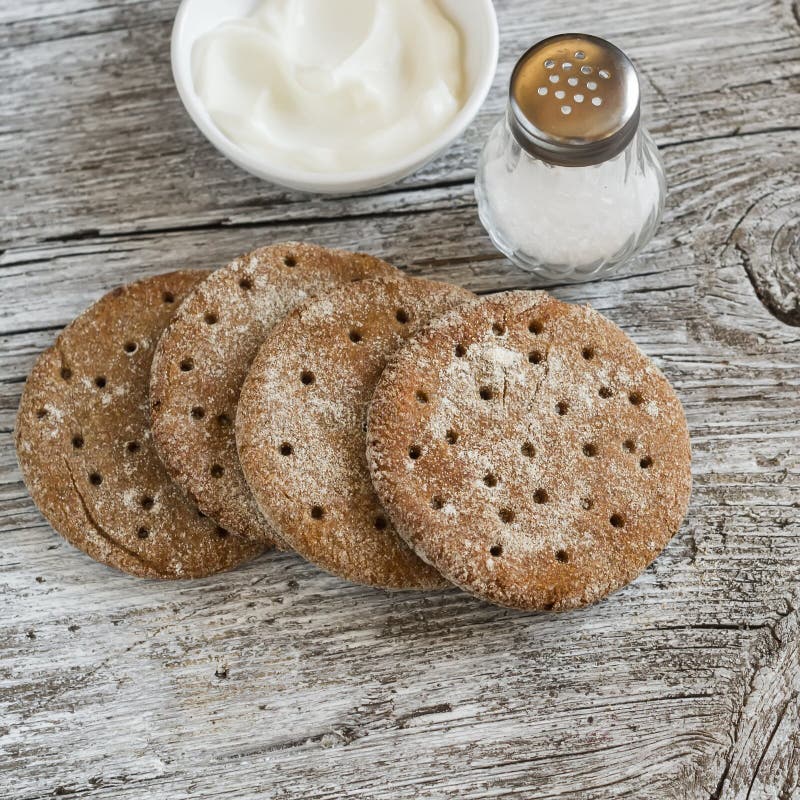 Rye Flatbread on Rustic Light Wooden Surface. Stock Photo - Image of ...