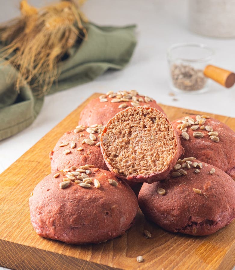 Rye and Wheat Flour Bread Buns with Beetroot Puree and Sunflower Seeds ...