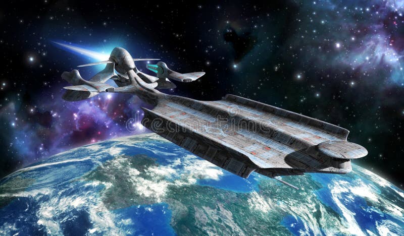 Rymdskepp På En Planet Och Månar Stock Illustrationer - Illustration av ...