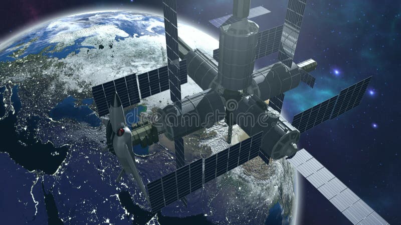 Rymdstation med jord stock illustrationer. Illustration av antenn ...