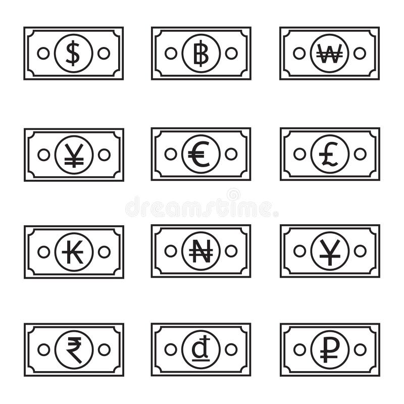 Símbolo De Moneda Billetes Juego De Iconos Ilustración del Vector ...