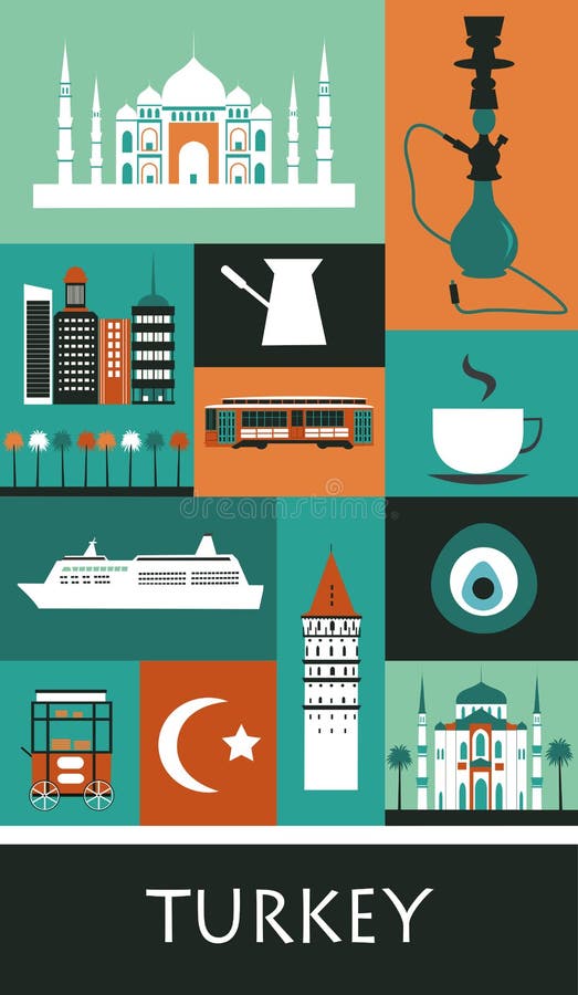 Símbolos da Turquia ilustração do vetor. Ilustração de europa - 53590940