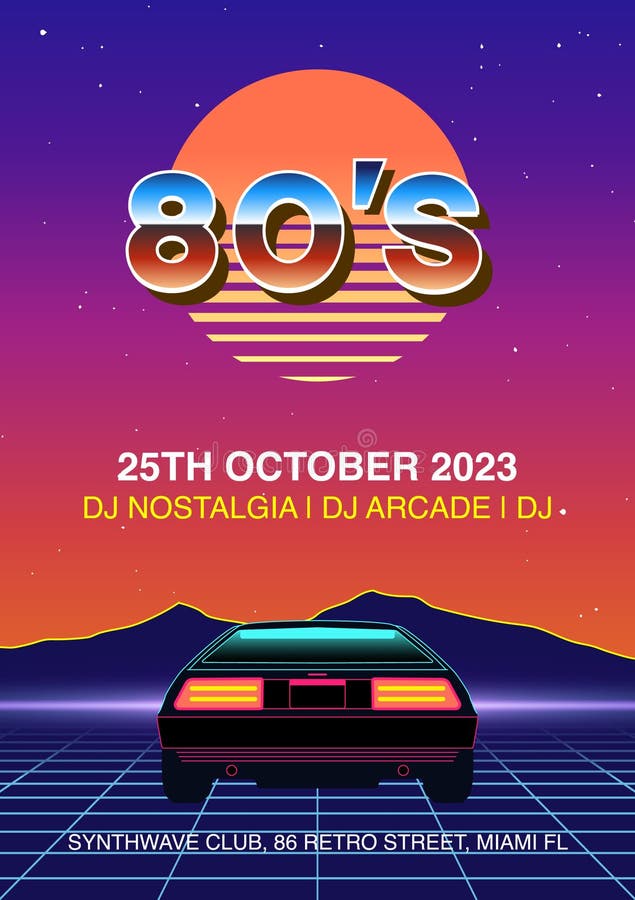 80 S Poster, Flyer Project with Car, Horizon, Sunset, Mountains and Stars. Stock Vector ...