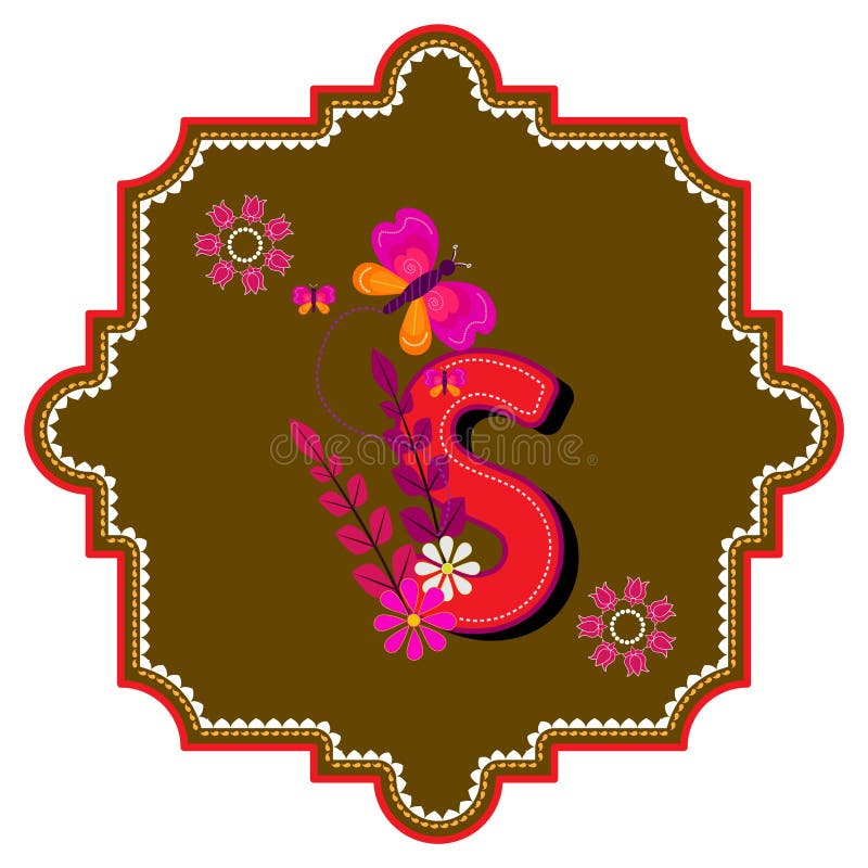 Letter S. Alphabet S Sticker. Floral Type with Butterflies. Lotus and ...