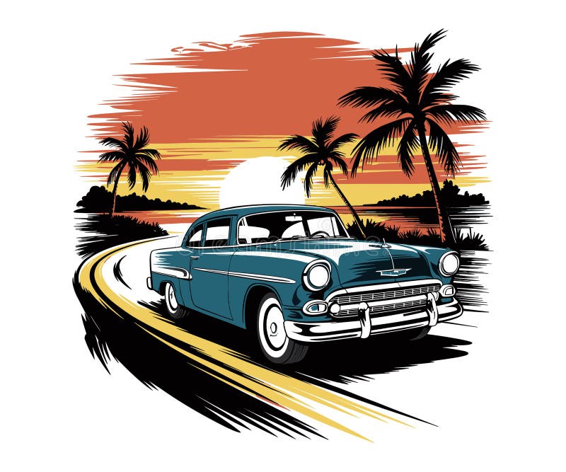 1950s Bel Air Vector - Retro Coastal Sunset Drive Art Stock Illustration - Illustration of ...