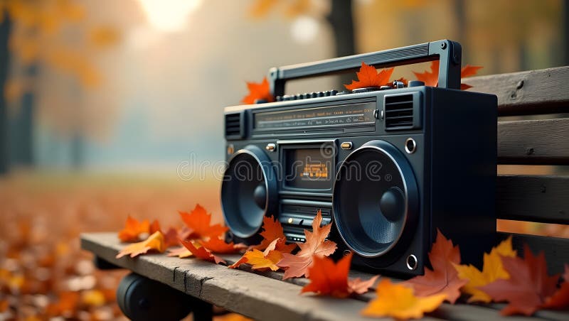 A 1980s Boombox on a Park Bench, Surrounded by Fallen Autumn Leaves ...