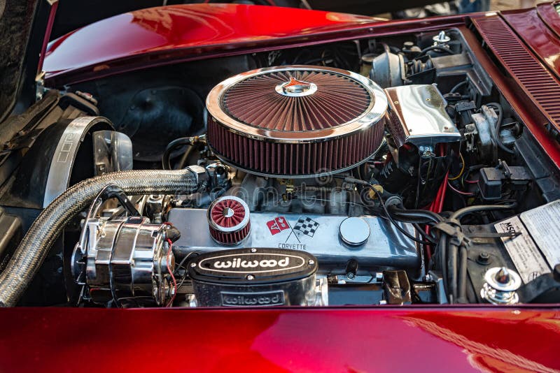 1970s Chevrolet Corvette Car with Open Hood . Close-up of the Engine ...