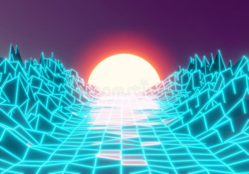 80s Computer Graphics Laser Grid Sunset Background. Stock Illustration ...
