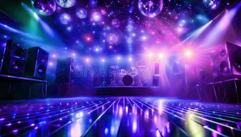 80s Disco Concept. Disco Ball in Neon Lighting on Podium or Stage with ...