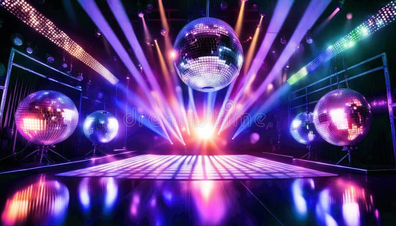 80s Disco Concept. Disco Balls in Neon Lighting on Podium or Stage ...