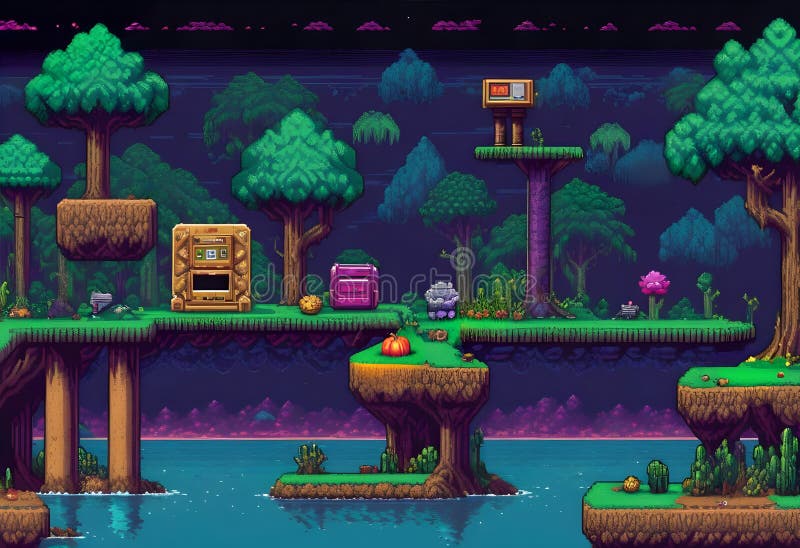 80s Generic Jungle Themed Platform Video Game Level in Pixel Art Stock ...